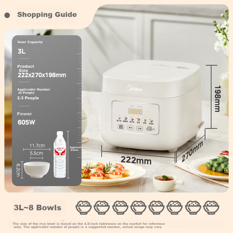 Midea Low Sugar Electric Rice Cooker 3L for 2-3 People with 316L Stainless Steel Inner Pot, Non-stick Coating, One-button Charcoal Fire Cooking, Multi-functional Home Appliance MB-3E91LS