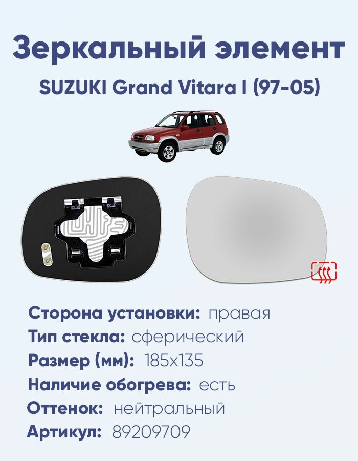 Зеркальный элемент правый SUZUKI Grand Vitara II (97-05) сфера нейтральный с обогревом
