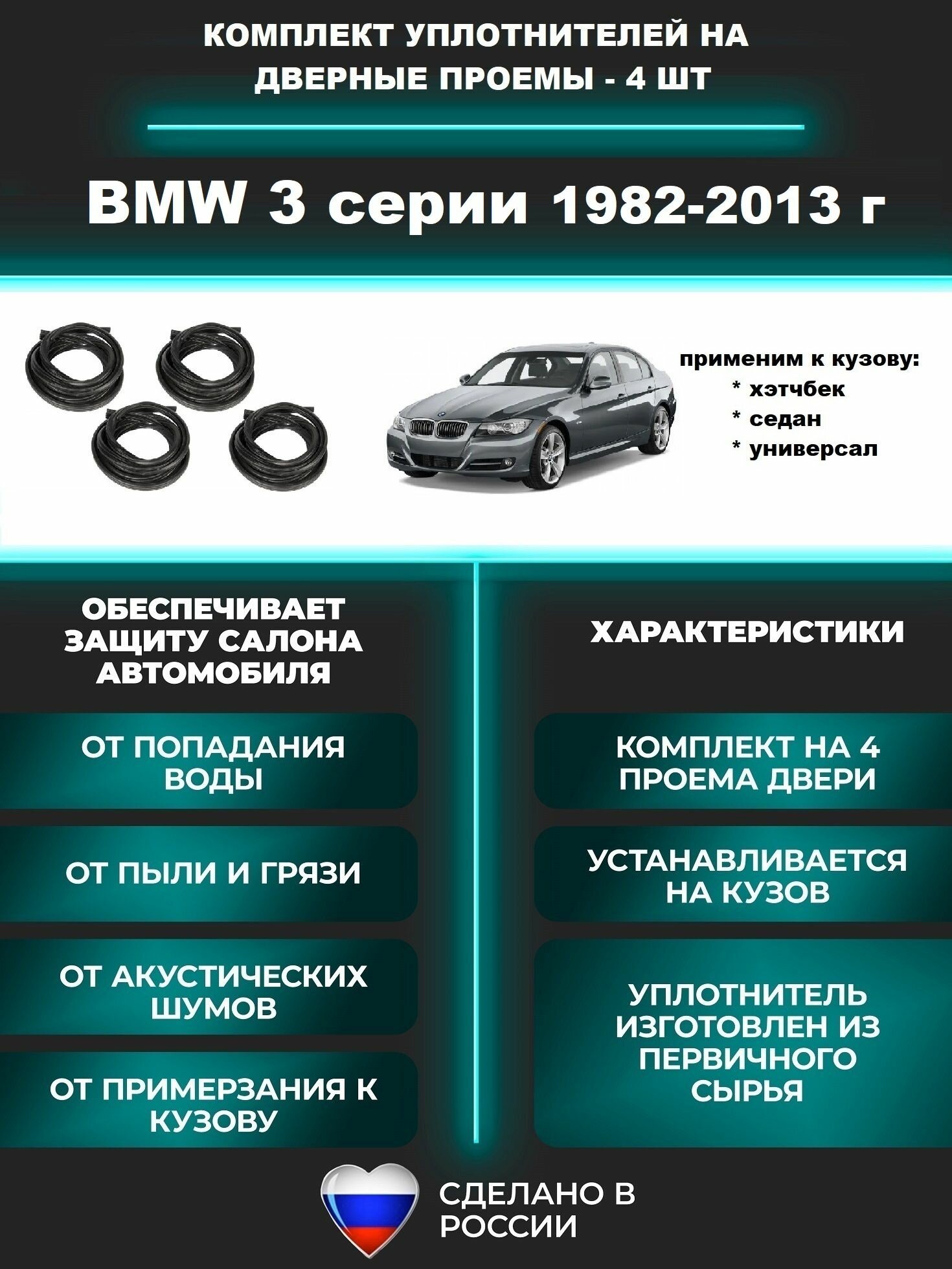 Комплект уплотнителей проемов дверей для BMW 3 серии 1982-2013 г кузов E90, E91, E92, E93, БМВ 3 серия (на 4 двери - 2 передние и 2 задние)