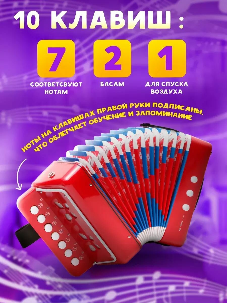 Детский музыкальный инструмент FeDoRe, гармонь, ABS пластик, 10 клавиш, красный