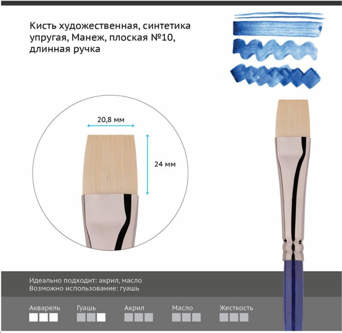 Кисть художественная синтетика упругая Гамма "Манеж", плоская №10, длинная ручка