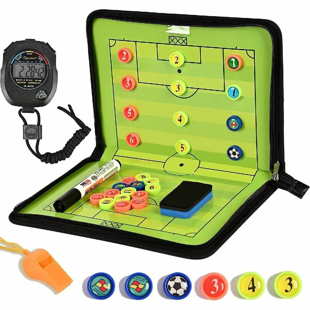 Магнитная футбольная тактическая доска со складной папкой для тренера, таймер, ручки большой ёмкости, свисток для судей, губки