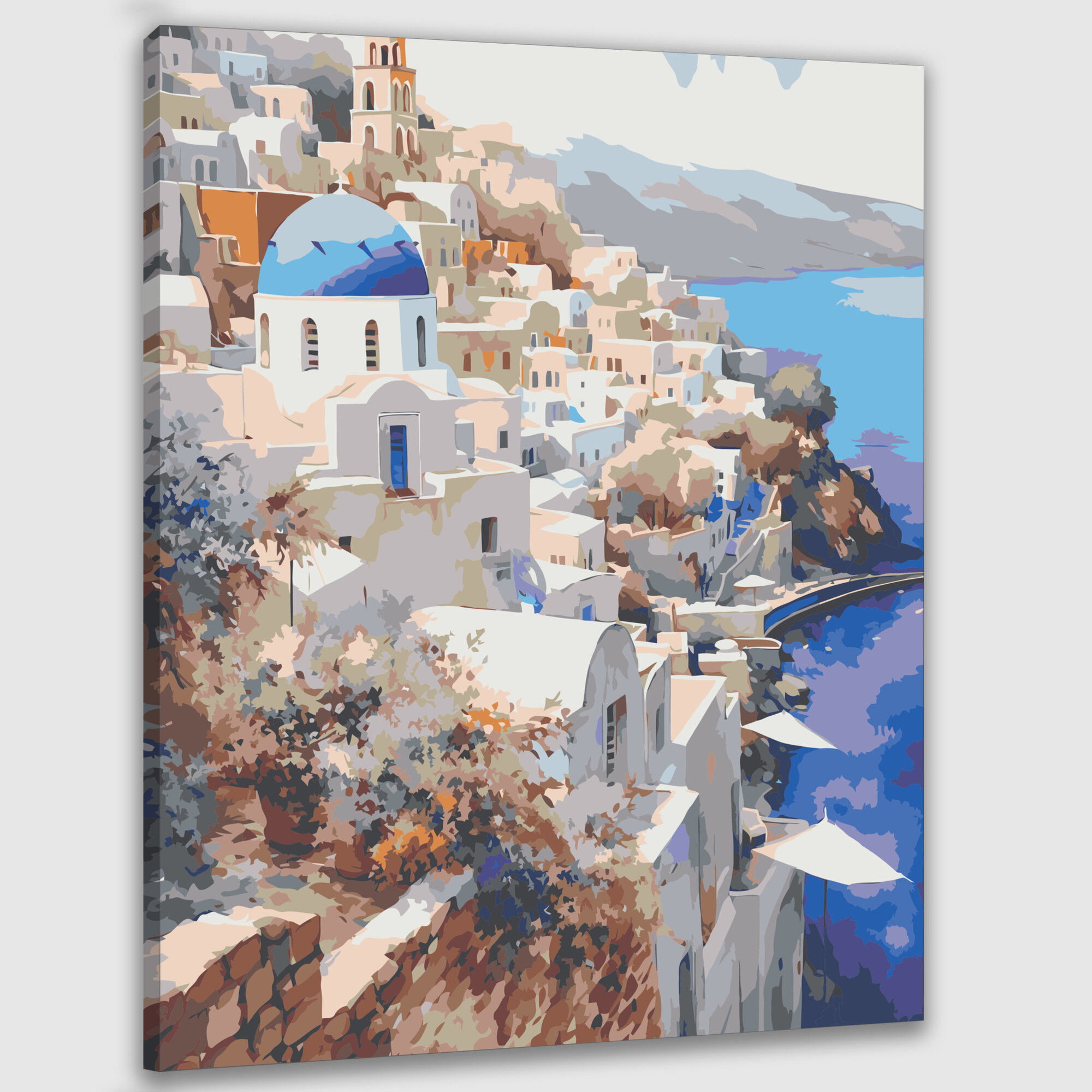 Картина по номерам 40x50 см, акварельная картина, Греция, остров, церкви с голубыми куполам, узкие извилистые улочки
