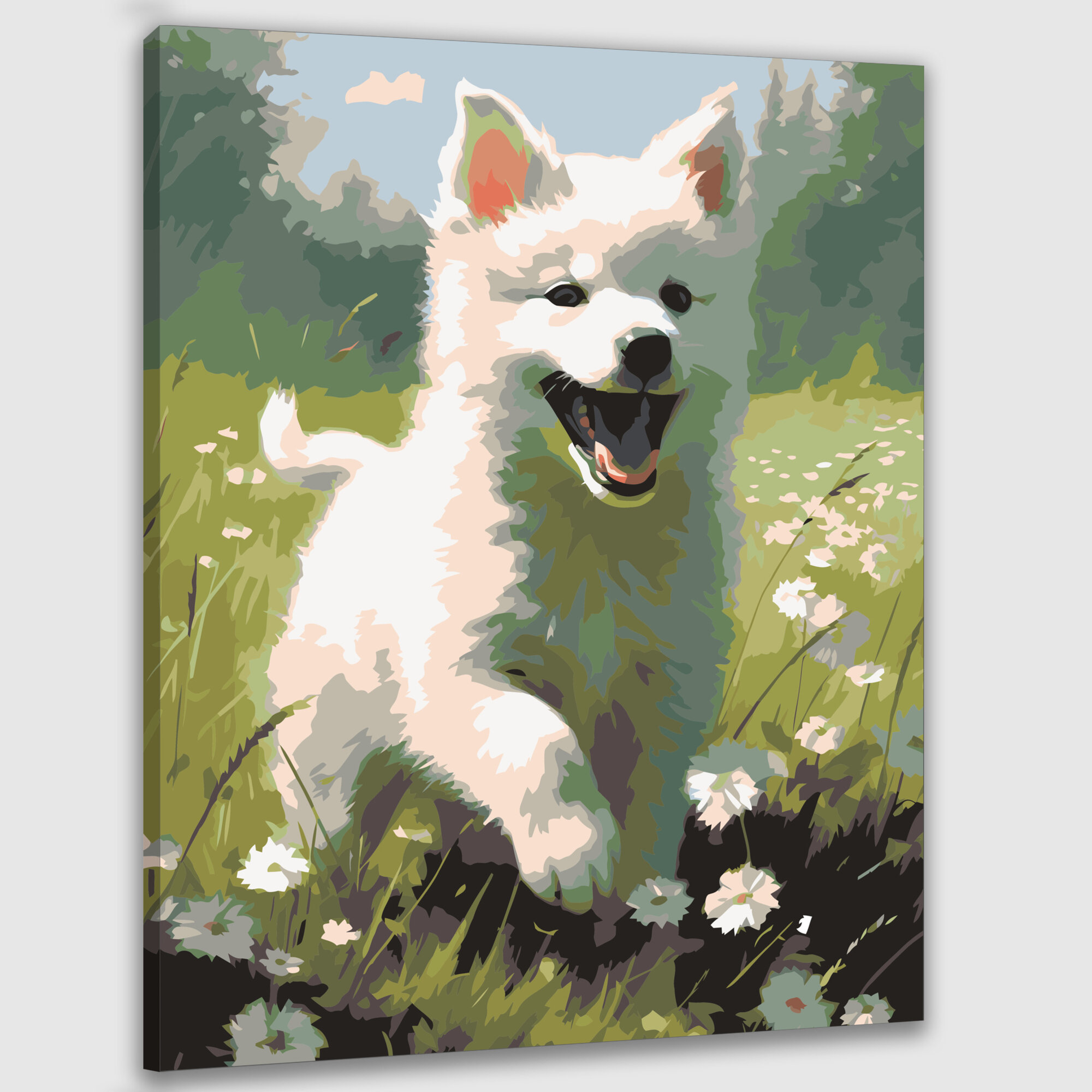 Картина по номерам 40x50 см, щенок, хаски, игривый, залитый солнцем луг, пушистая шерстка, белая, яркая зеленая трава