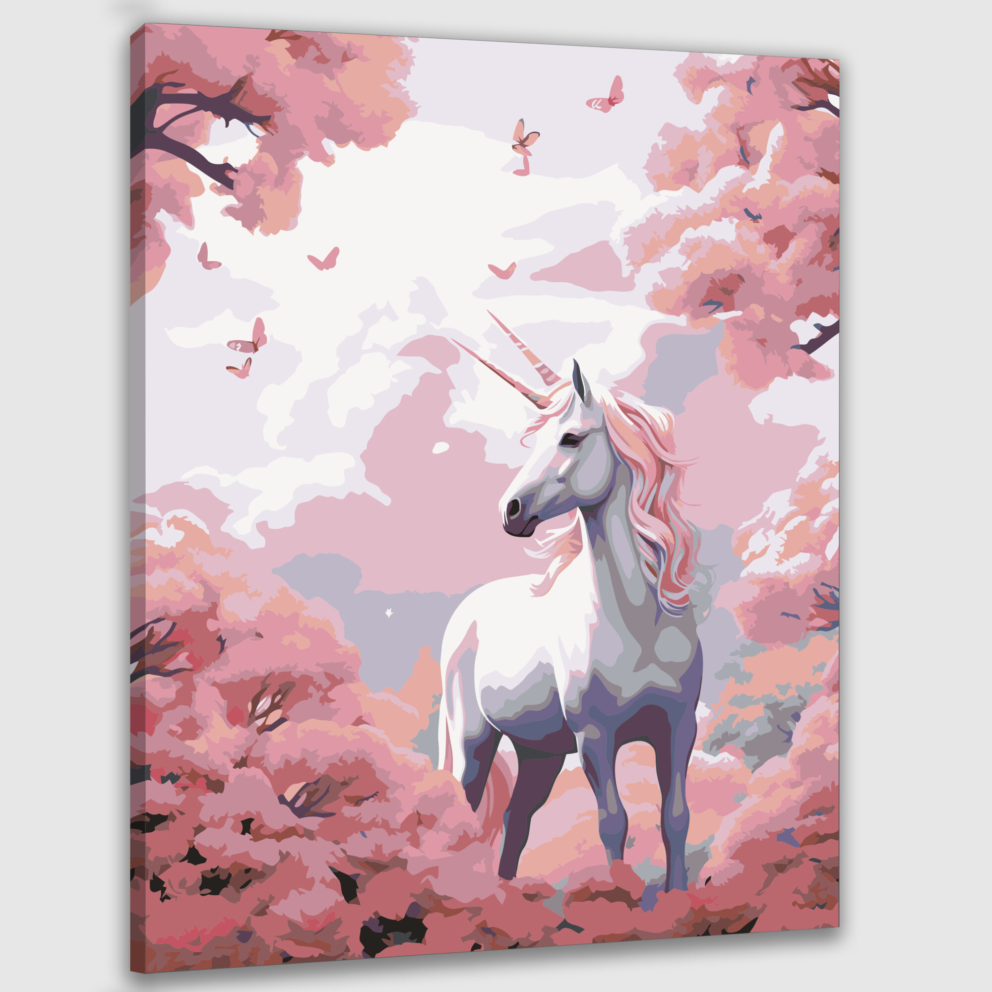 Картина по номерам 40x50 см, розовый пейзаж, облака из сахарной ваты, пастельное небо, розовые цветы, единорог, луг