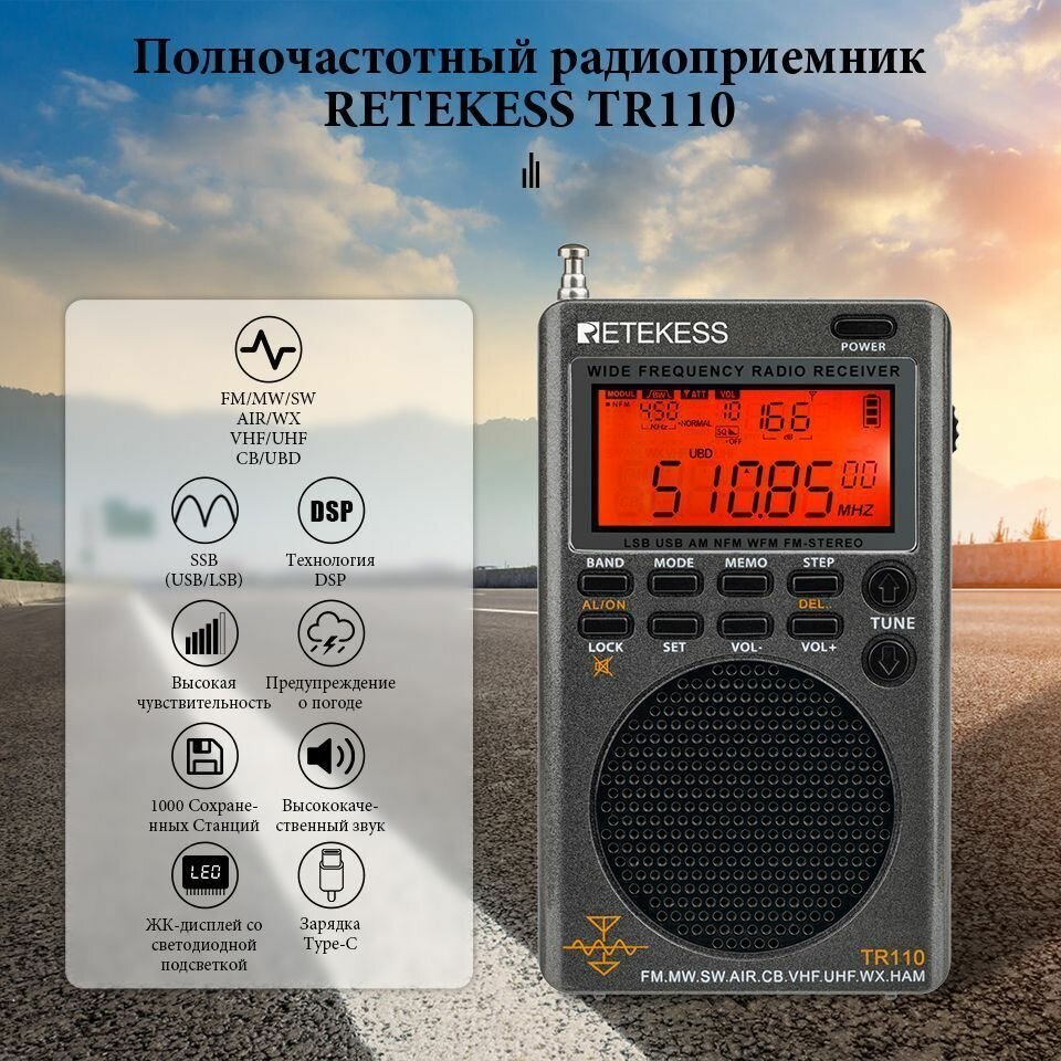 Портативный Карманный радиоприемник от сети и батареек Retekess TR110 AM/FM/SW/MW/AIR
