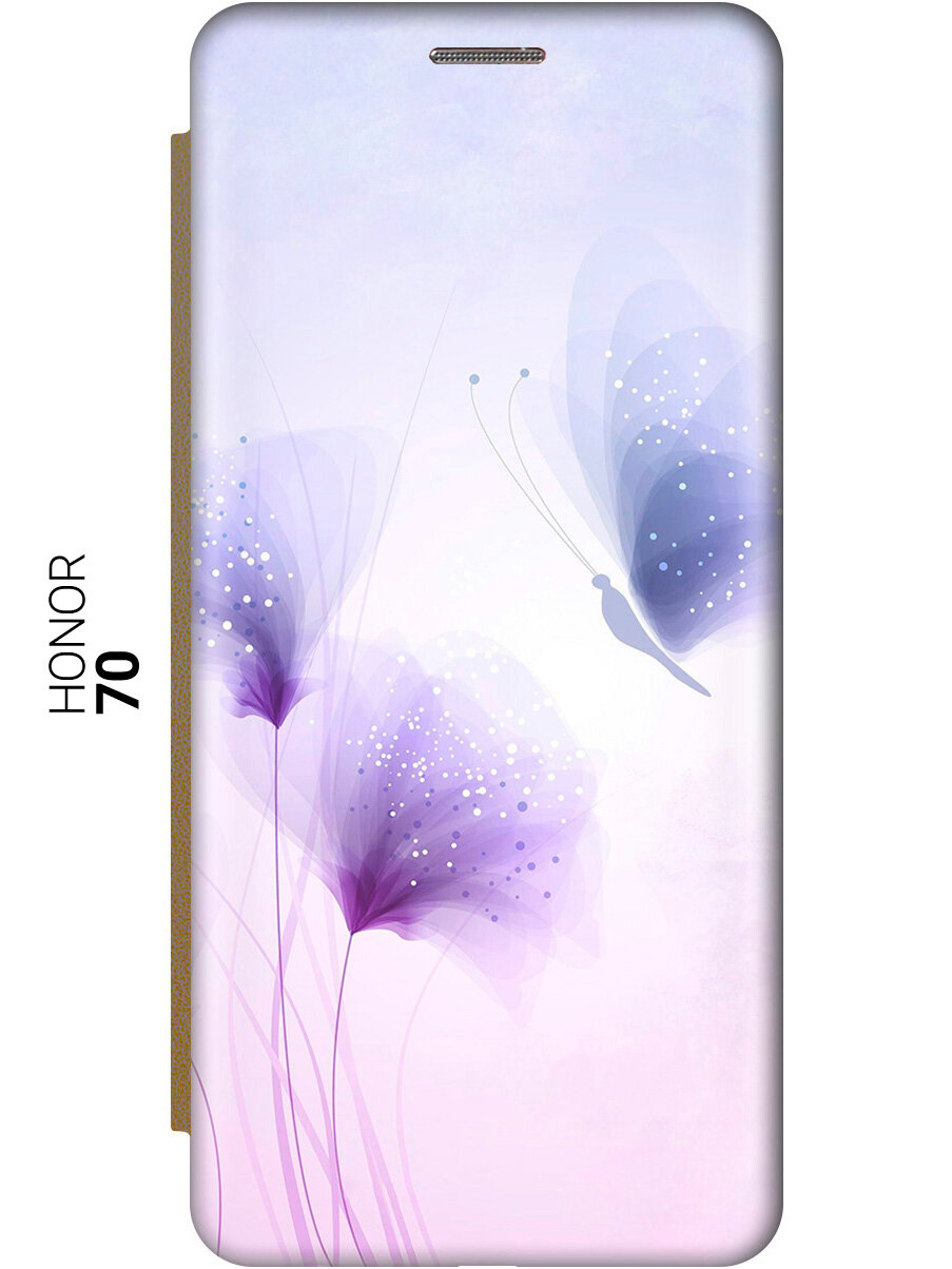 Чехол-книжка на Honor 70 / Хонор 70 с рисунком "Бабочка и фиолетовые цветы" золотистый