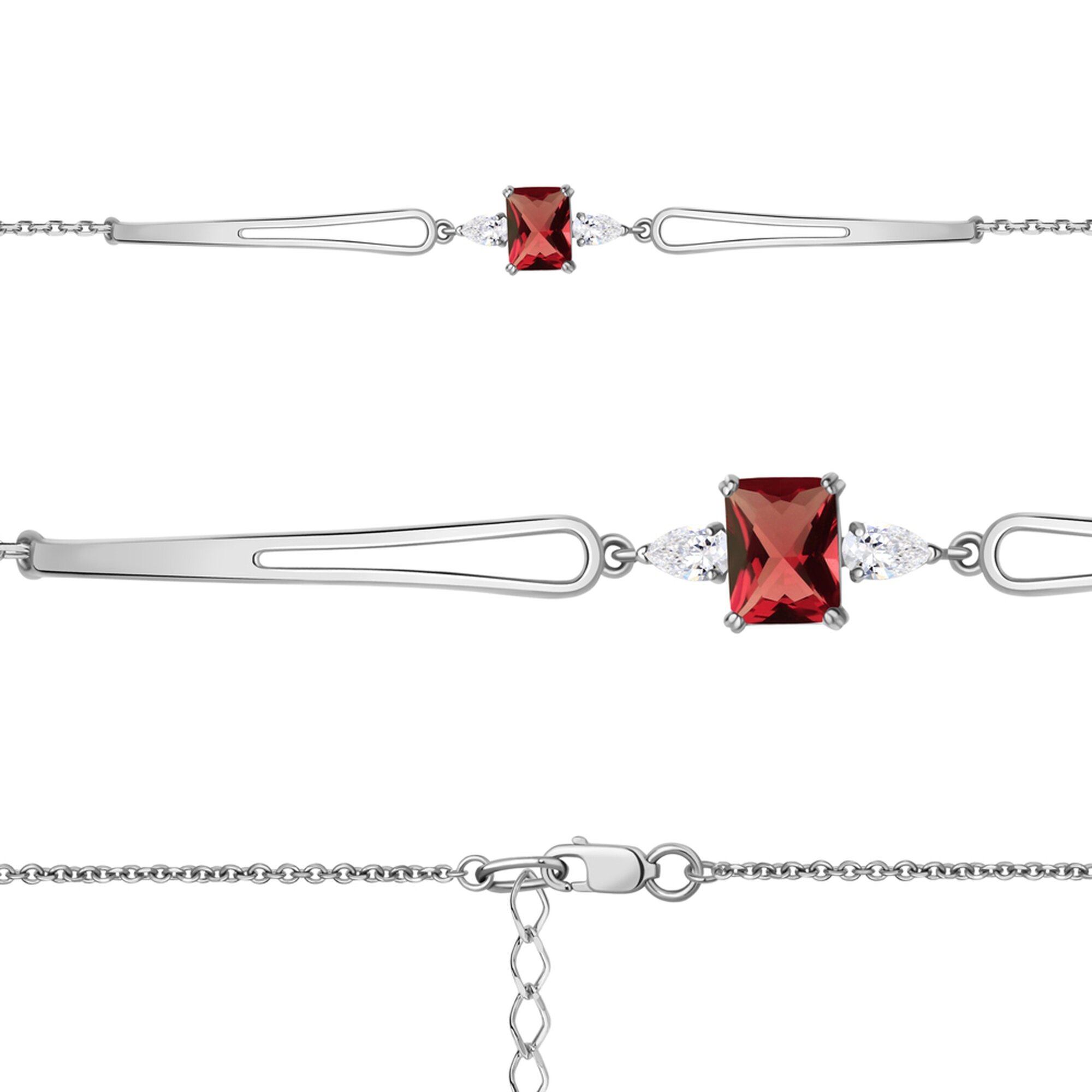 Жесткий браслет, серебро, 925 проба, родирование, гранат, фианит