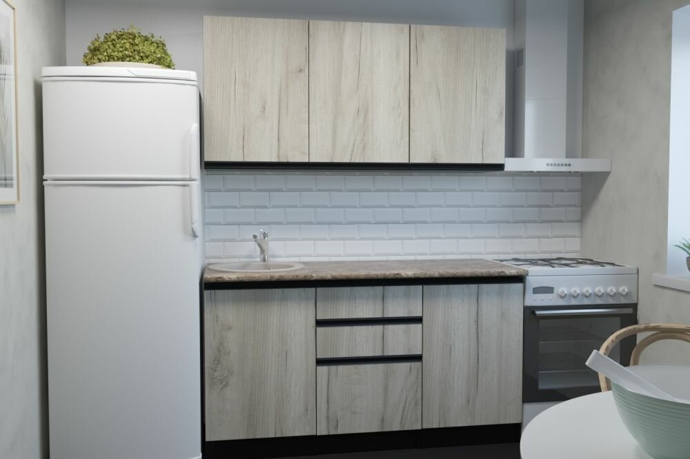 Кухонный гарнитур Равенна нормал 1500, Цвет Дуб браун, ширина 150 см, с навесными шкафами, с выдвижными ящиками, с тумбой под мойку