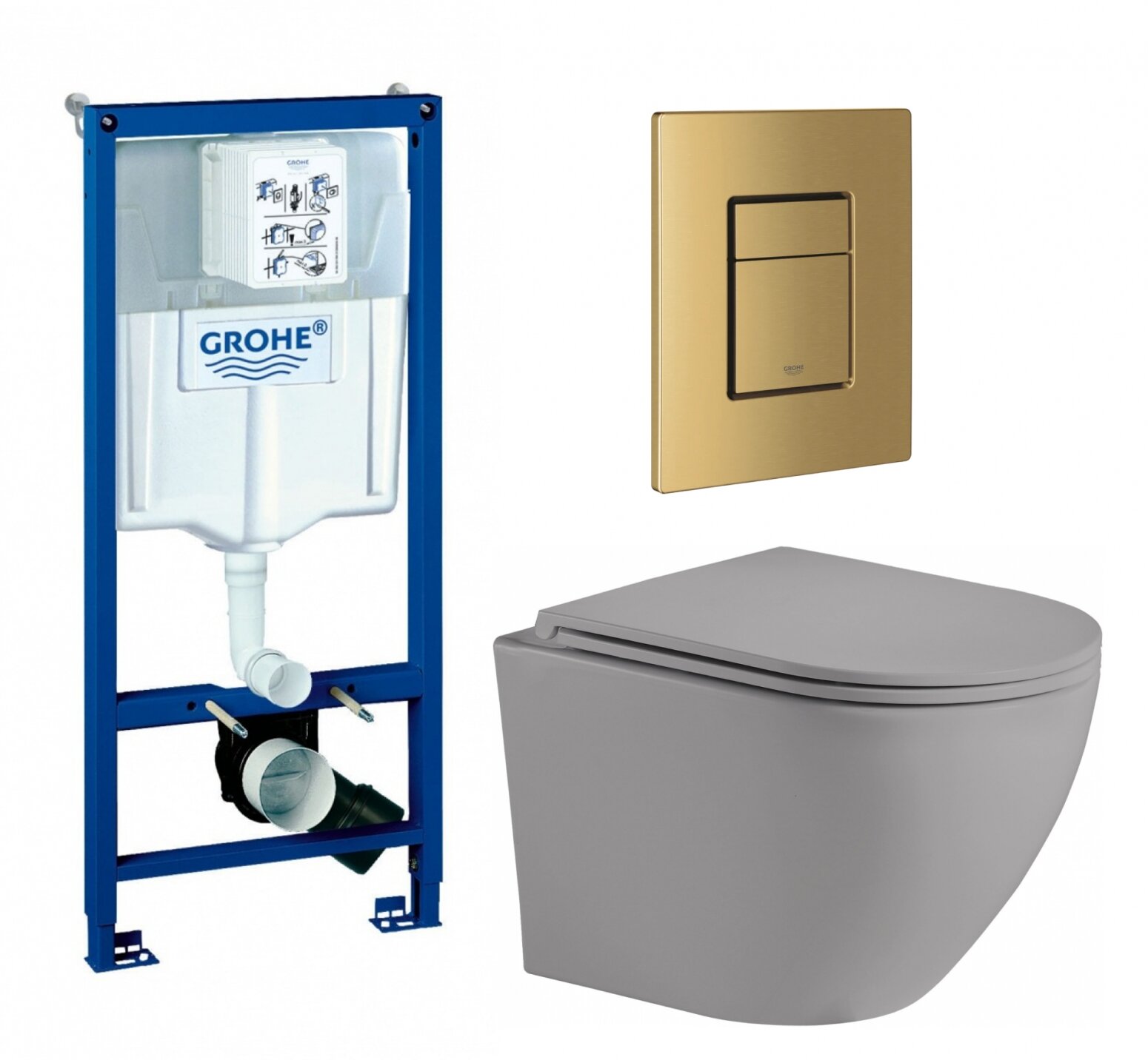 Комплект 3 в 1 инсталляция Grohe Rapid SL + Унитаз подвесной Weltwasser WW Merzbach 043 MT-GR + кнопка золото, холодный рассвет матовый