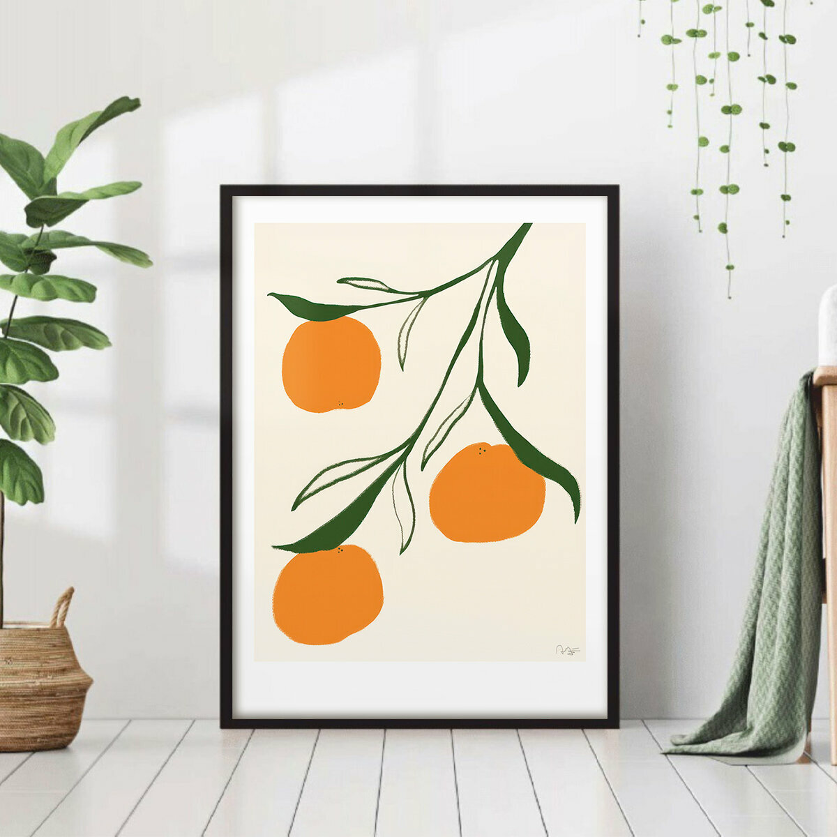Постер "Апельсины на ветках рисунок" 40x50 в черной рамке для интерьера на стену