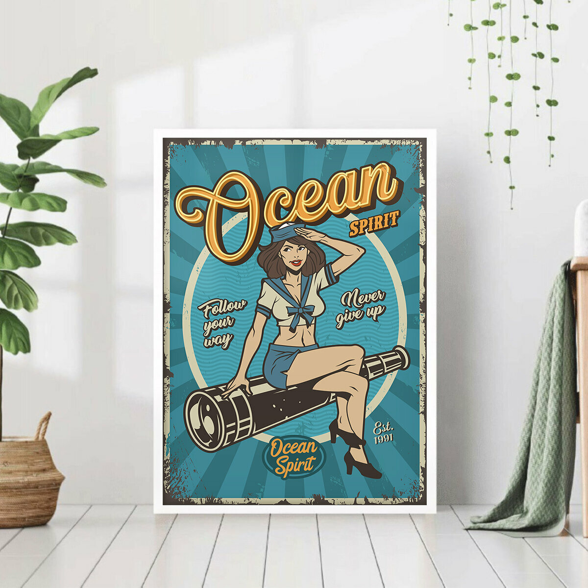 Постер "Ретро девушка океан" в белой рамке 50х70 см для интерьера на стену