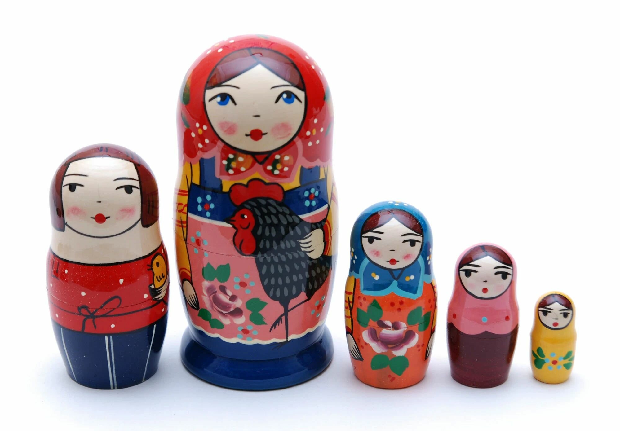 Матрешка традиционная с черным петухом 5 мест, высота самой большой 17см