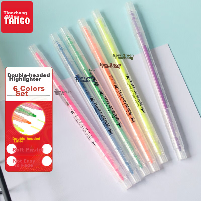 TANGO 6-Color Dual-Tip Highlighters for Exam Review And Key Marking, Office And Student Use, Eye-Catching, Suitable for Journaling, Water-Based Markers, 6-Pack
