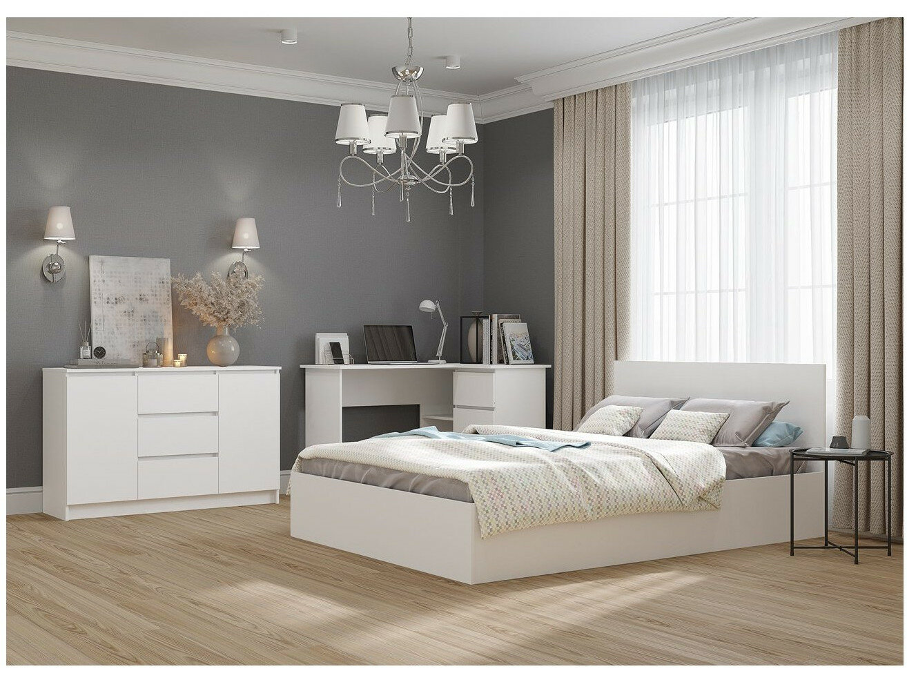Модульная спальня, минималистичная, из ЛДСП, композиция 4 (Белый)