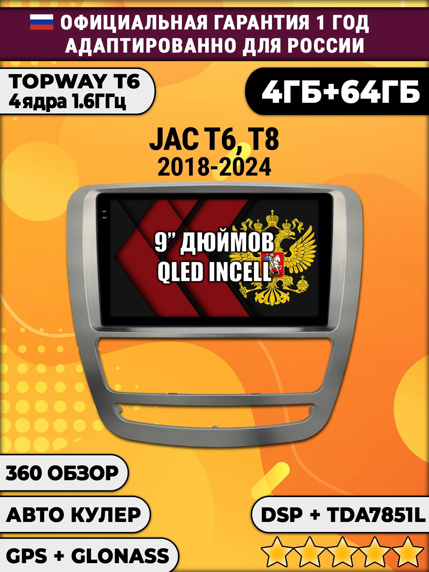 4гб+64гб с DSP для JAC T6 T8 (2018-2024), Android магнитола, без слота под симку, усилитель звука TDA7851 и поддержка 360 камер