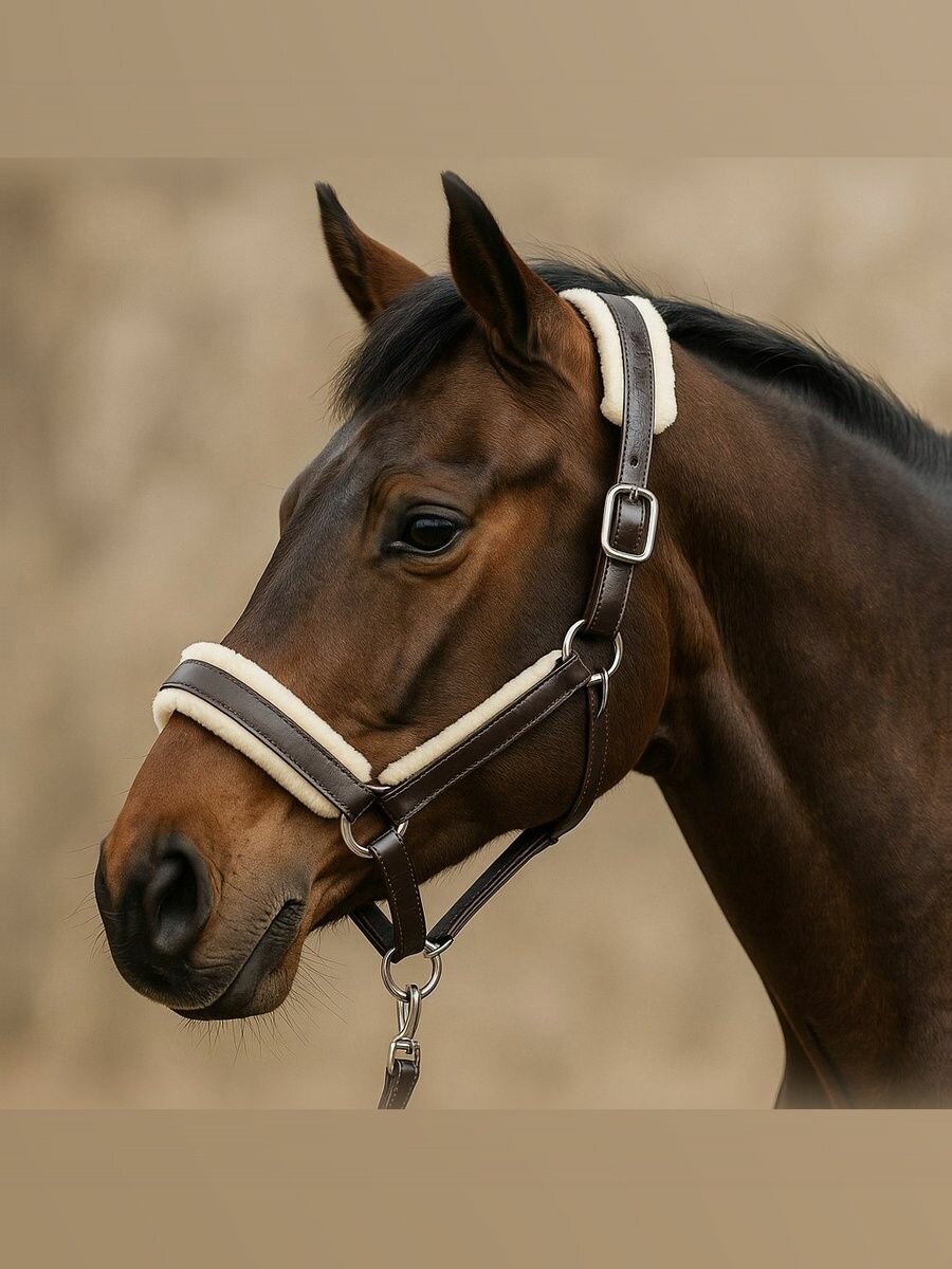 Кожаный недоуздок Royal PREMIUM HorsePlanet, с мехом, коричневый, FULL