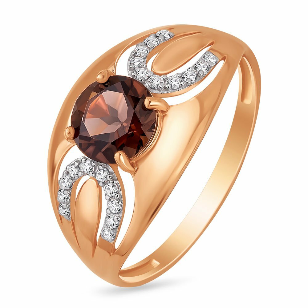 Кольцо, красное золото, 585 проба, родирование, фианит, раухтопаз