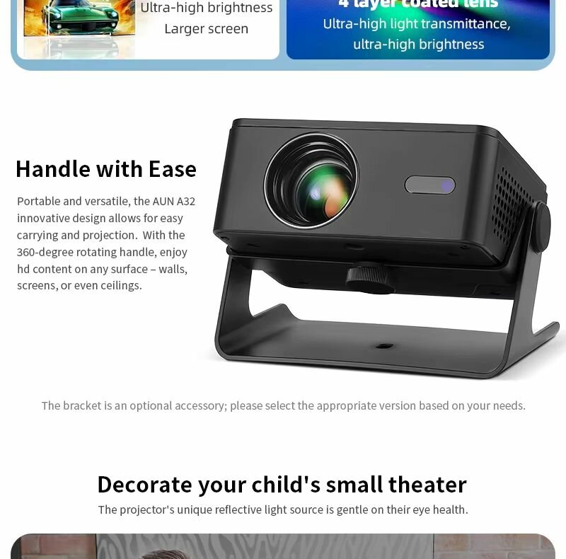 Мини-проектор AUN "A32X", Android, 1080P, Wi-Fi, Bluetooth, Black