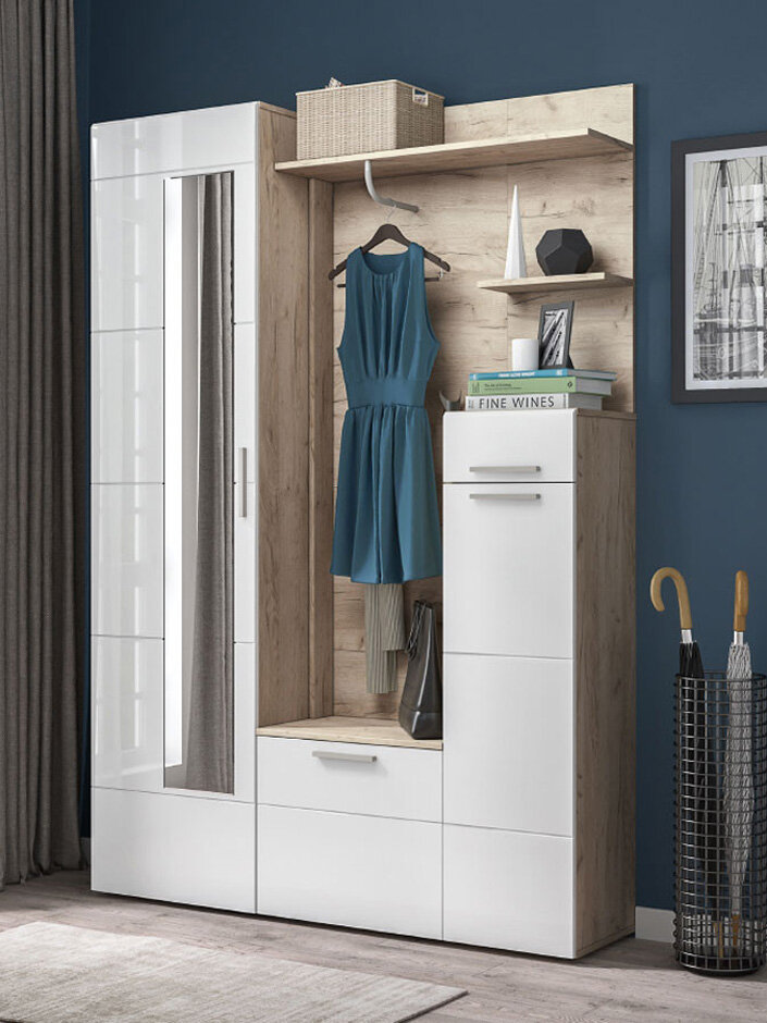 Прихожая комплект Лайн с вешалкой, со шкафом, с зеркалом, с полкой, Дуб Крафт серый / Белый глянец