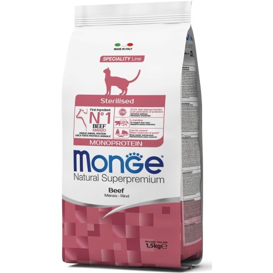 Корм сухой Monge Cat Speciality Line Monoprotein Sterilised для стерилизованных кошек, из говядины 1,5 кг