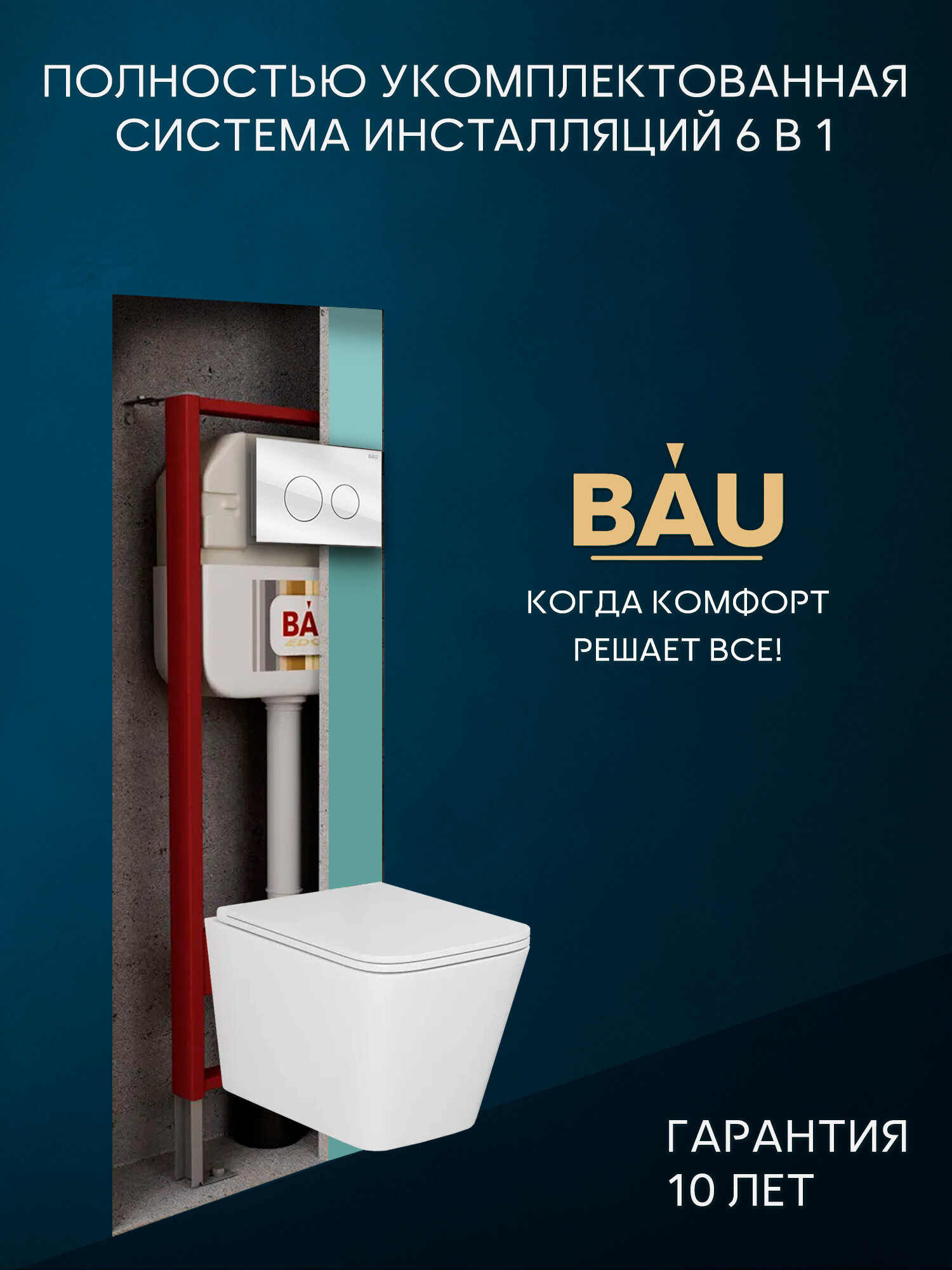 Комплект BAU 6 в 1: рамная инсталляция BAU NEO 45, унитаз подвесной безободковый торнадо обратного потока Bau Stil Hurricane-2, сиденье дюропласт микролифт, клавиша из стекла BAU Dream , белая