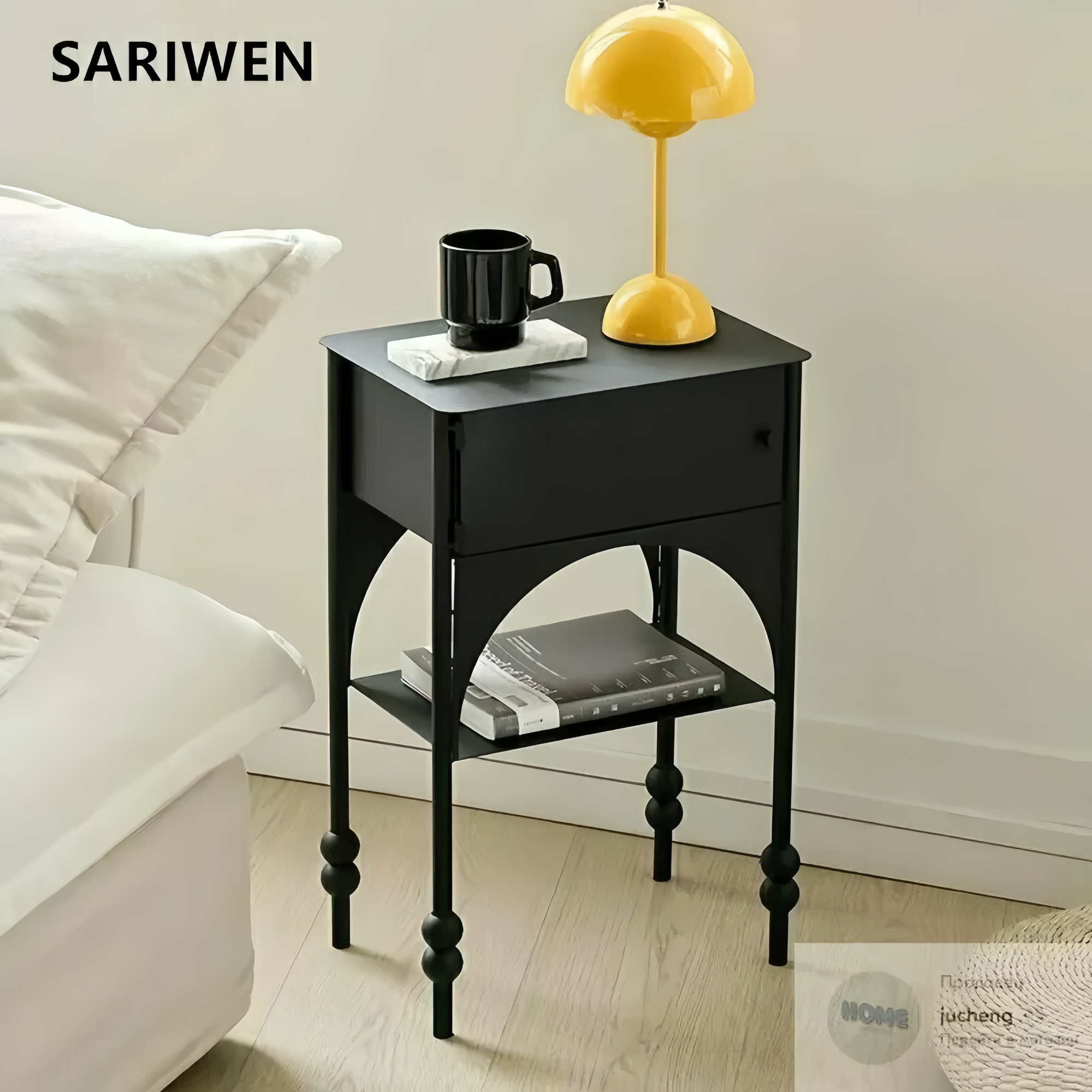 Тумба прикроватная, металл, антибактериальное покрытие, глянцевая, черная, 2 ящика, 26 см x 35 см x 55 см