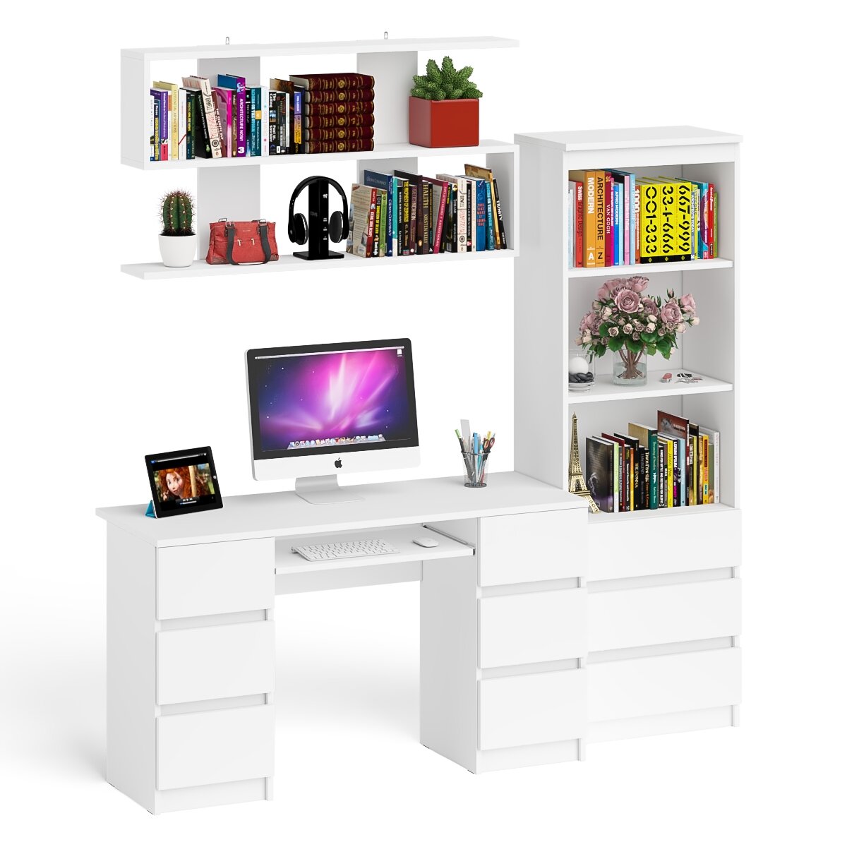 Рабочее место Мори МС-2 из стола двухтумбового с полкой и стеллажом, белый, 195,8х50х209,6 см.