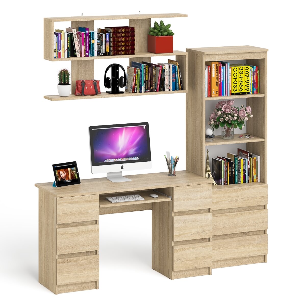 Рабочее место Мори МС-2 из стола двухтумбового с полкой и стеллажом, дуб сонома, 195,8х50х209,6 см.