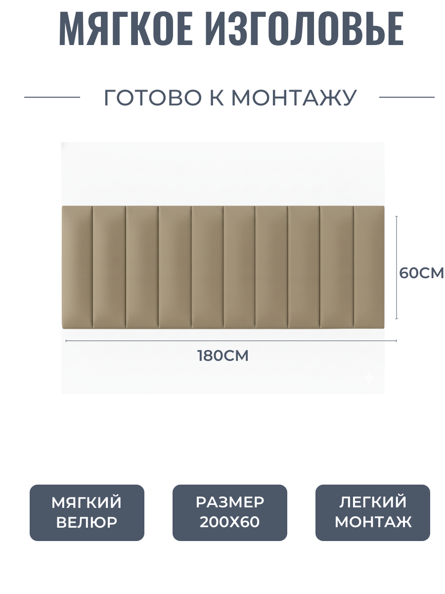 Спинка для кровати мягкая, изголовье 180 на 60 сантиметров, бежевый велюр, рисунок 10 вертикальных полос