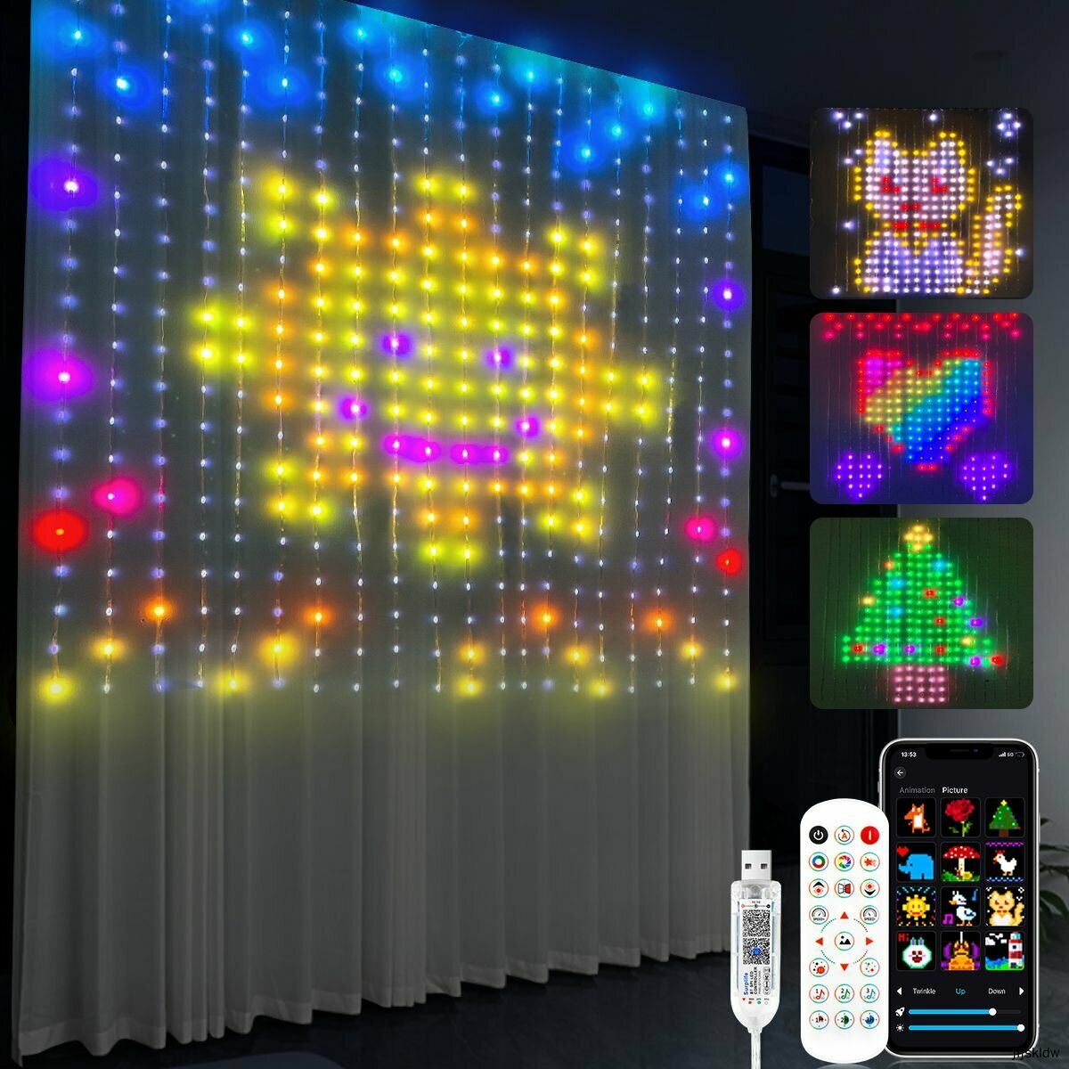 2 М x 2 м, интеллектуальное программируемое управление 5 В USB LED RGB smart curtain light, подходит для окон спальни, украшения вечеринки на День святого Валентина, выставки в магазине