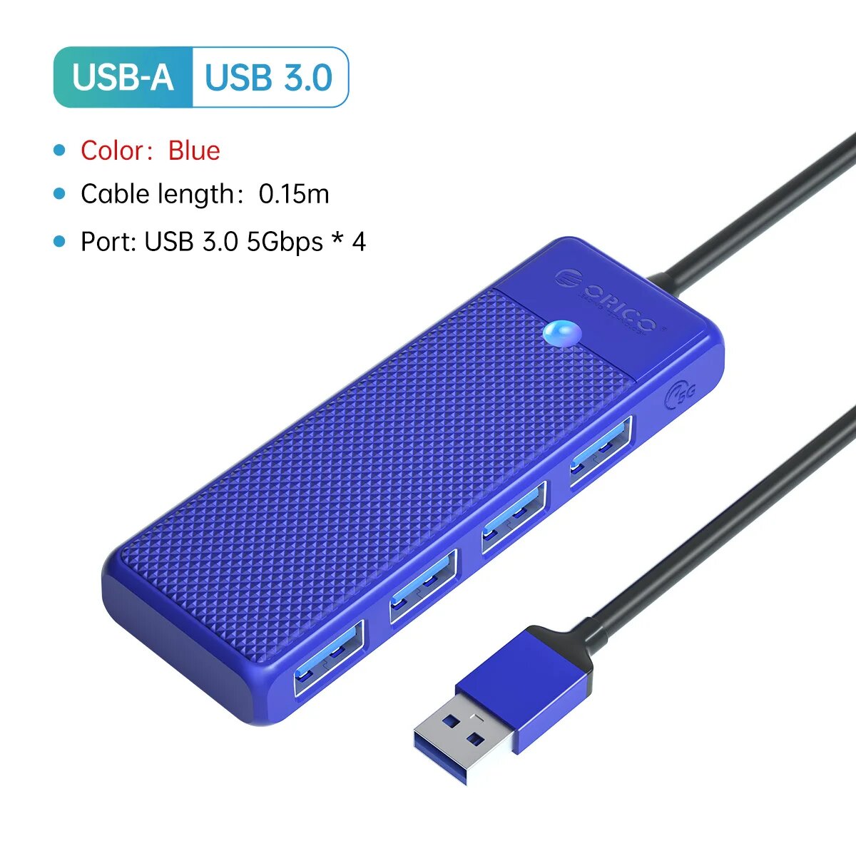 ORICO USB 3.0 концентратор 4 порта, синий, 15см