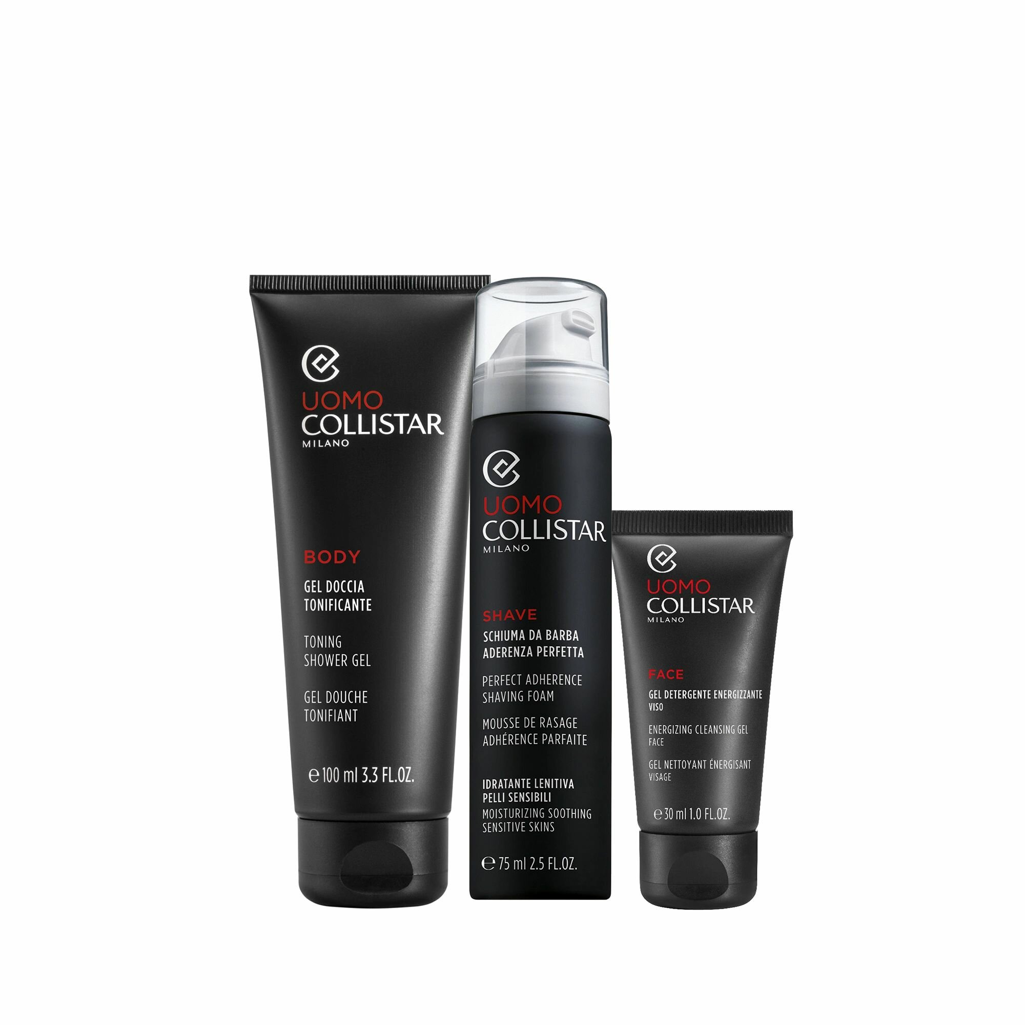 Collistar - Набор: Мужской гель для душа, 100 мл + Пена для бритья 75 мл + очищающий гель для лица 30 мл
