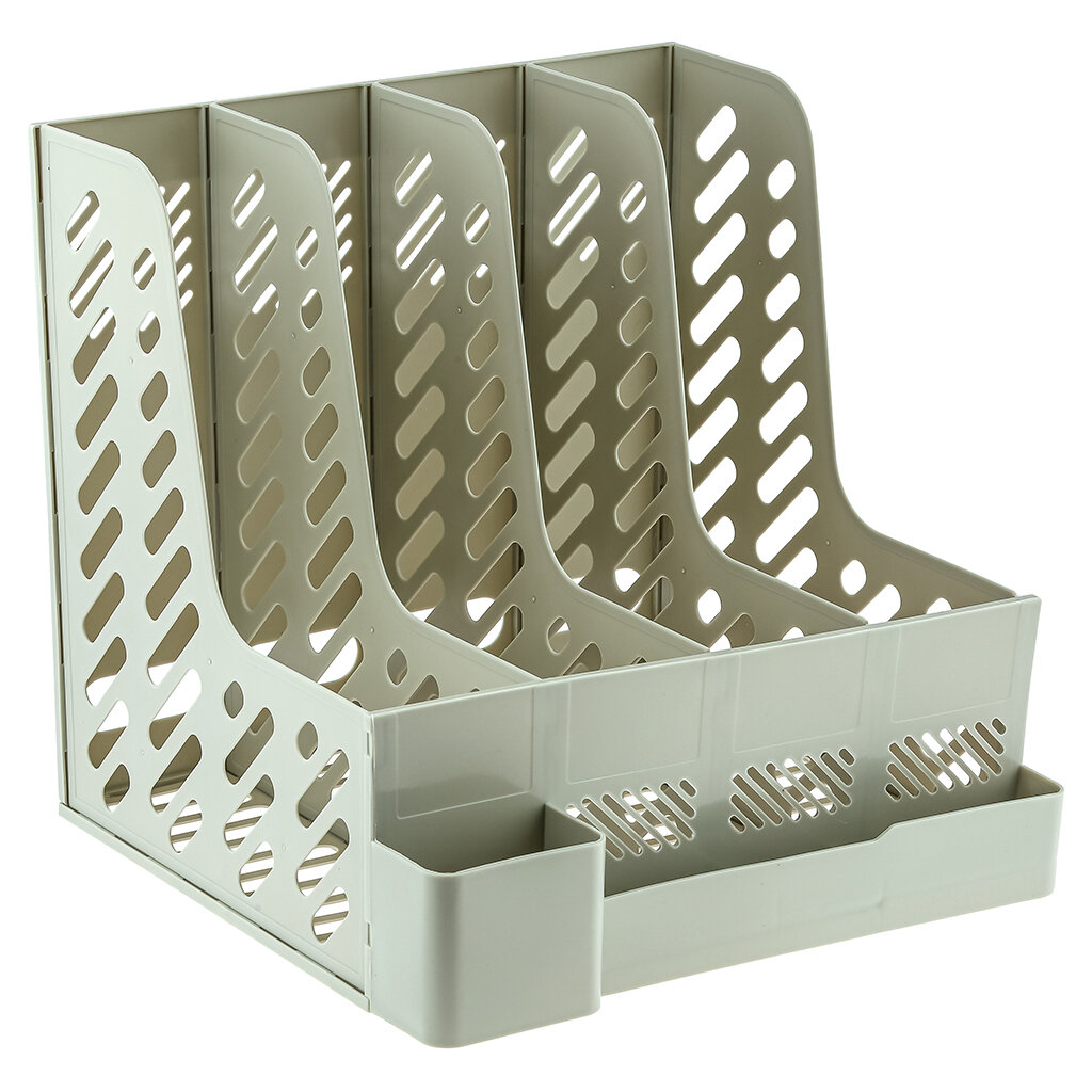 Подставка-лоток-огранайзер для бумаг и папок КНР вертикальная 31х32,2х30,8 см, 4 отделения + дополнительная секция для канцелярских принадлежностей, сетчатый, пластик, цвет - светло-серый, в разобранном виде (1094/a147-2)