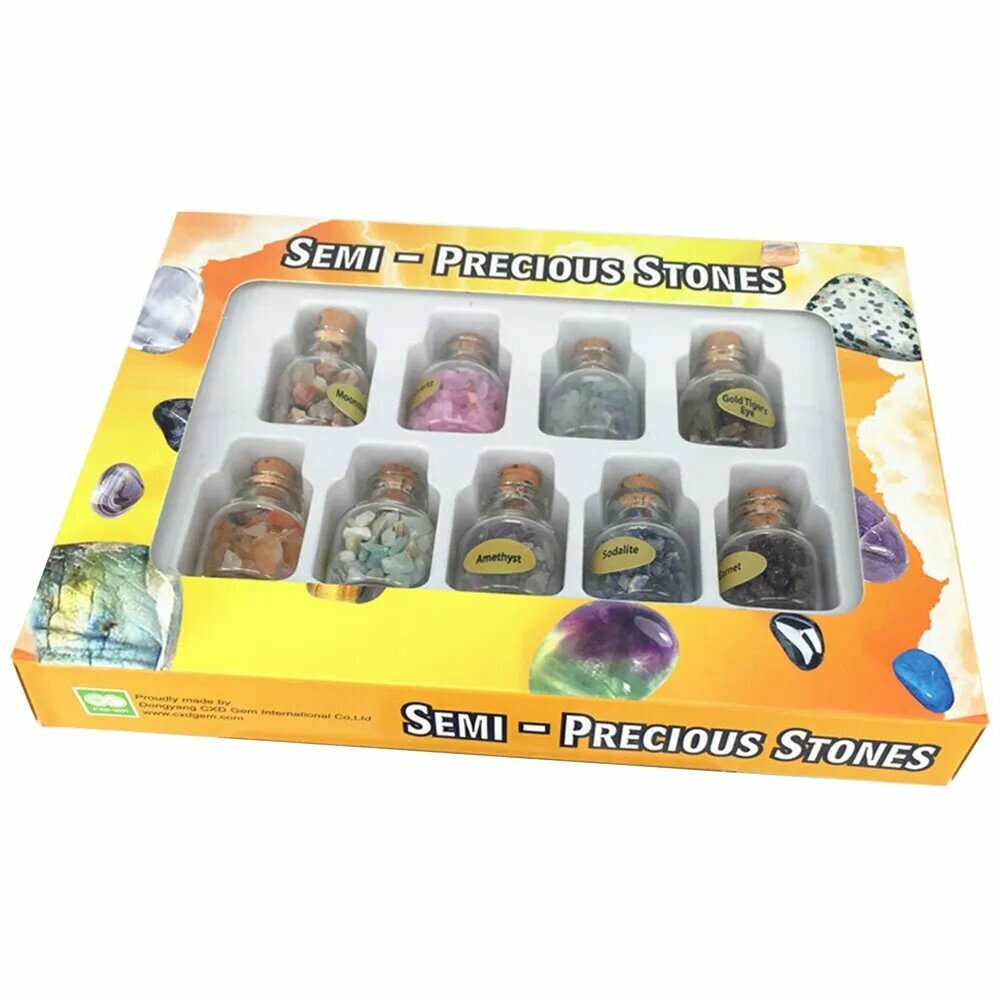 Набор Минералов В Коробке (Агат, Кристаллы, Драгоценные Камни + Форма Бутылки) (9 Бутылок, 9 Штук Камней, Научные Материалы)