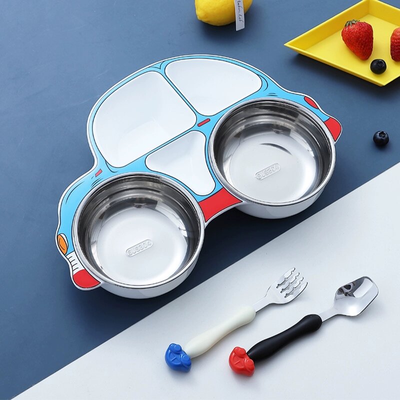 Детская тарелка для ужина, разделенная на секции, из нержавеющей стали, с защитой от падения, с рисунками, миска и