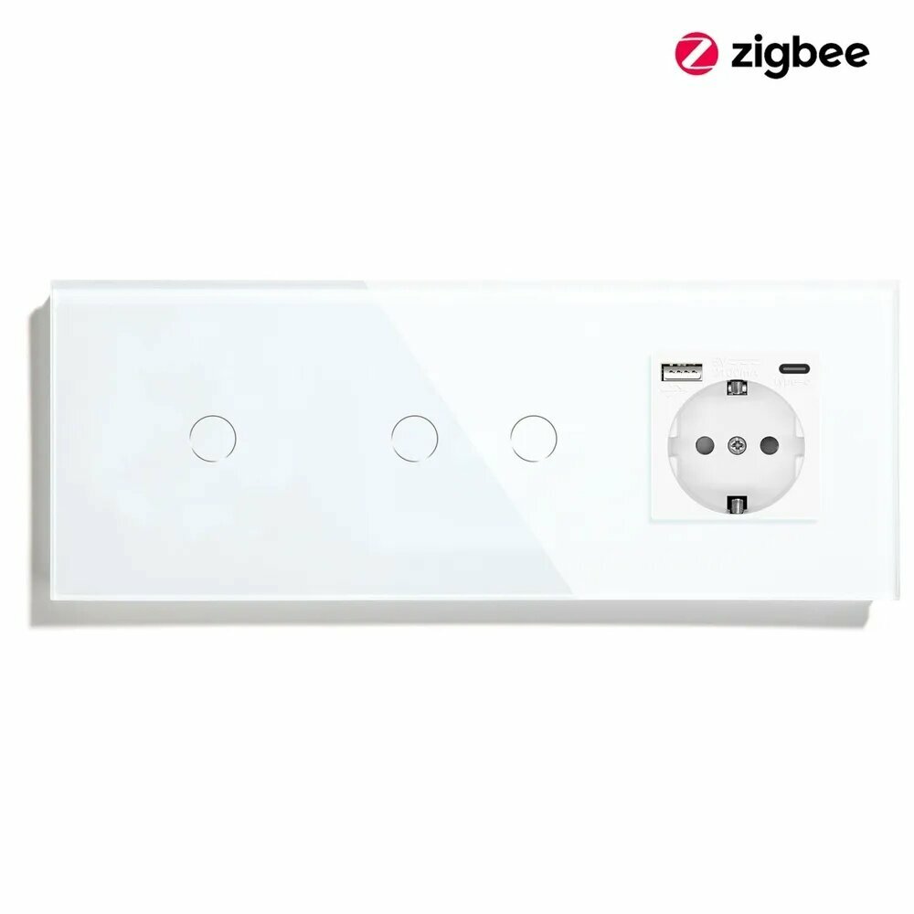 Сенсорный выключатель умный Zigbee без нуля на с розеткой с USB и type-C, 3 клавиши 1 розетка, рамка стекло Белая, 228mm