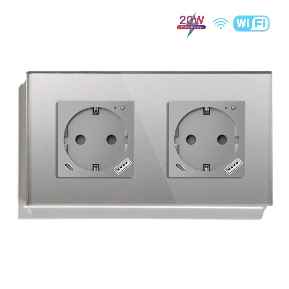 Розетка Умная WiFi двойная с USB и type-C входами, быстрая зарядка 20W, с мониторинг потребления, рамка стекло Серый