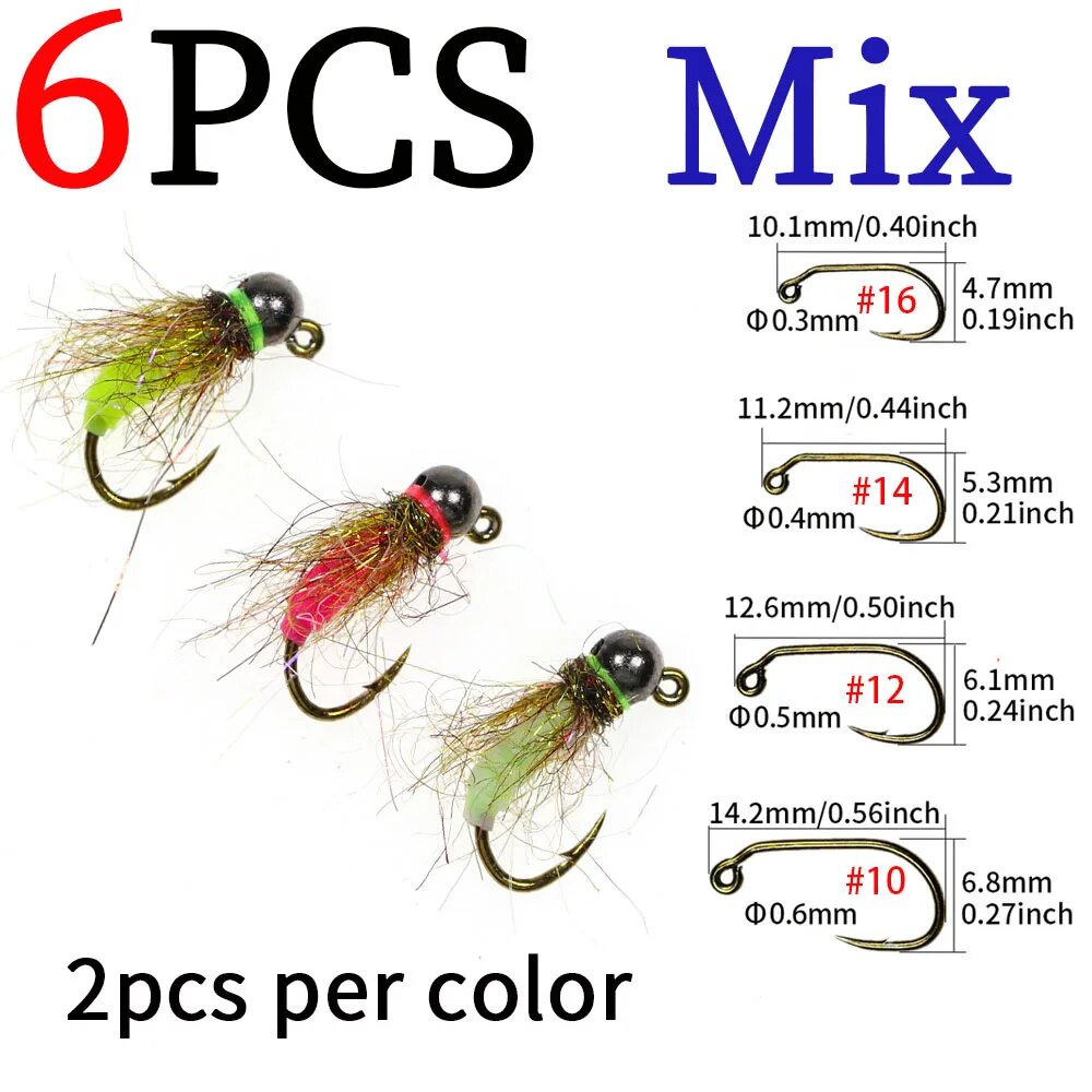 ICERIO Евро нимфы для рыбалки, 6 шт, Size12, Mix Colors