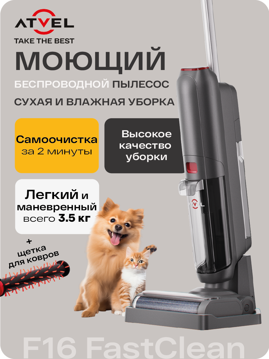 Моющий пылесос беспроводной вертикальный для дома Atvel FastClean, с двумя щетками, сухая и влажная уборка