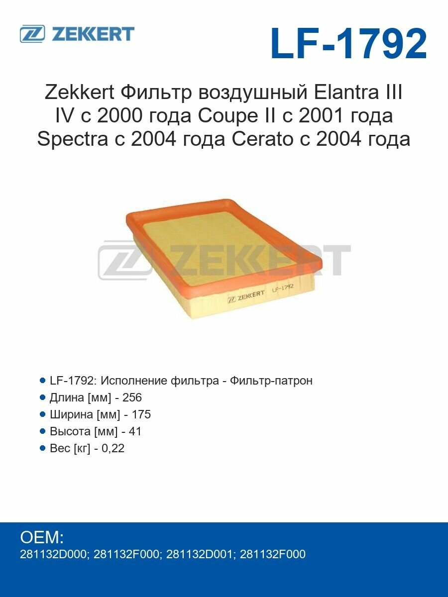 Zekkert Фильтр воздушный Elantra III IV с 2000 года Coupe II с 2001 года Spectra с 2004 года Cerato с 2004 года