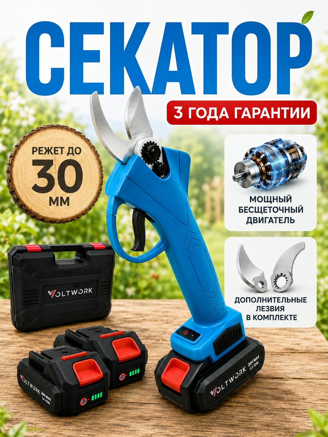 Аккумуляторный секатор профессиональный для сада, электрический секатор для обрезки веток с 2 АКБ