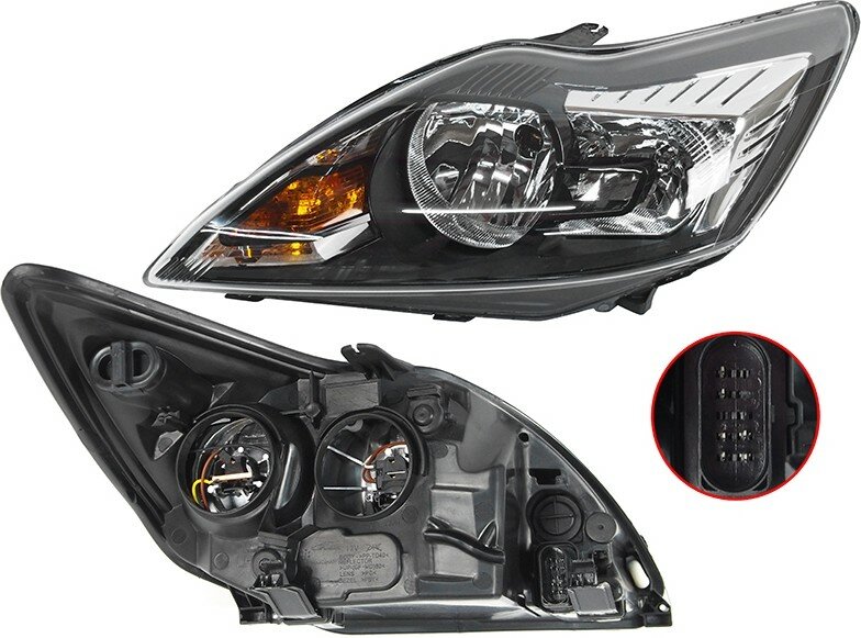 Фара SAT ST-431-1181LMLDEM2 Ford Focus 07-11 слева/ Галоген/ С электрокорректором/ Чёрная