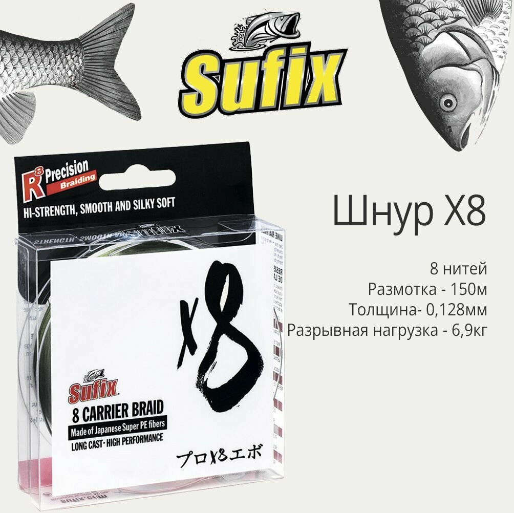 Плетеный шнур для рыбалки Sufix X8 зеленый 150 м 0,128 мм 6,9 кг PE 0,6 (леска плетеная)