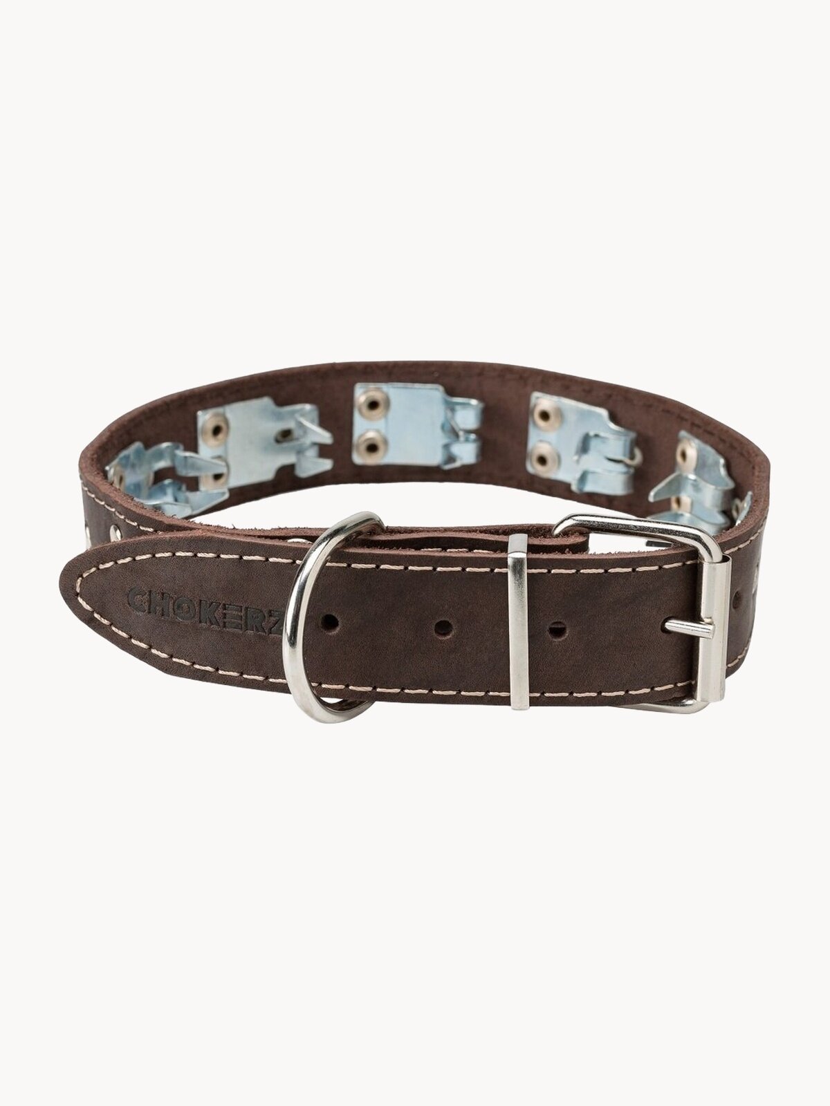 Кожаный строгий ошейник парфорс коричневый CHOKERZ с металлическими клепками 35 мм 65 см