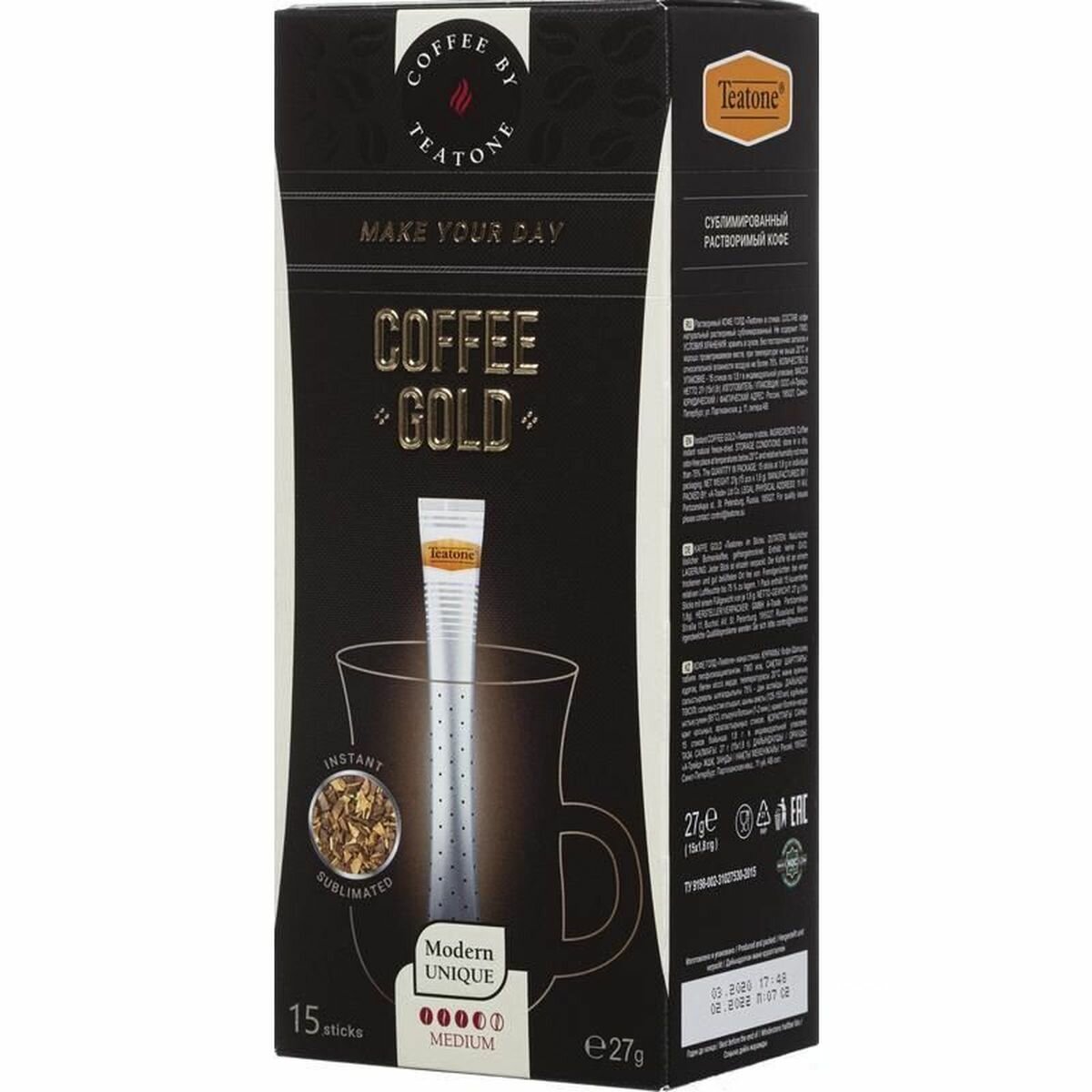 Кофе порционный растворимый Teatone Gold 15 стиков по 1.8г, 12шт.