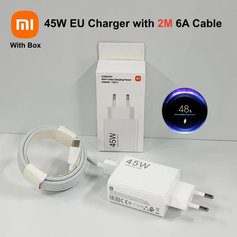 Оригинальное зарядное устройство Xiaomi 45W 33W Turbo Charging Power Adapter USB C EU with 2M Cable
