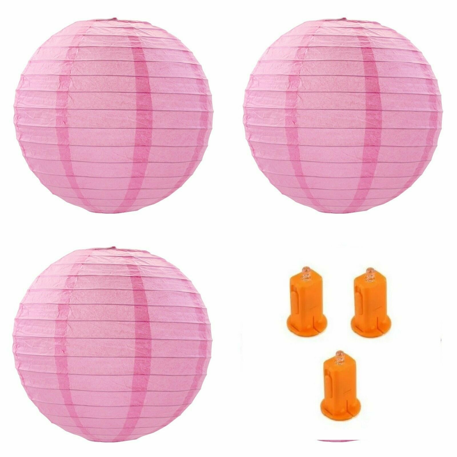 Набор подвесных бумажных фонариков нежно-розовый, диаметр 15 см, 3 шт и 3 светодиода