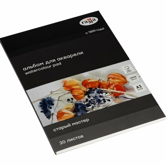 Альбом для акварели Гамма 20л, А3, склейка с 4-х сторон "Старый Мастер", 300г/м2, сатин, 100% хлопок