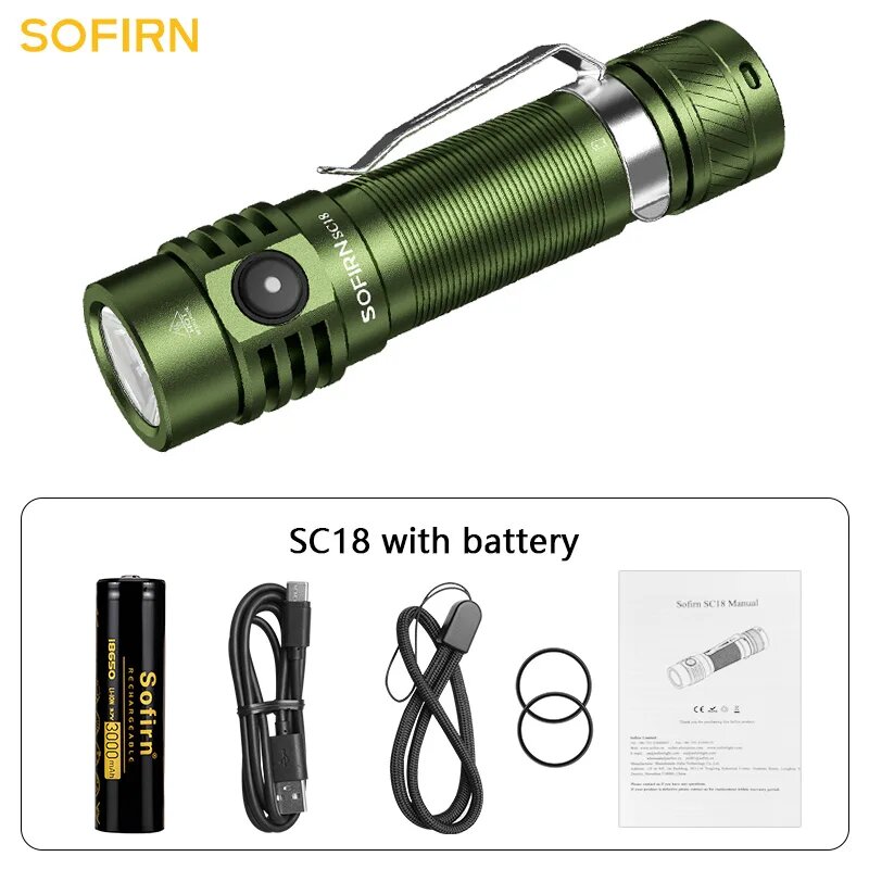 Sofirn SC18 1800 лм фонарик Зеленый, Green with battery